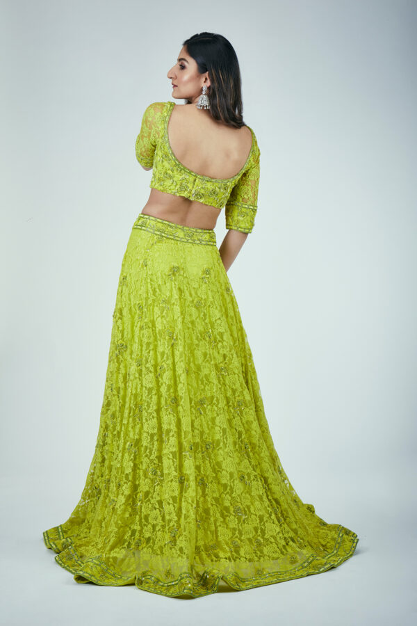 Lime Green Floral Lace Lehenga Set - ASRA